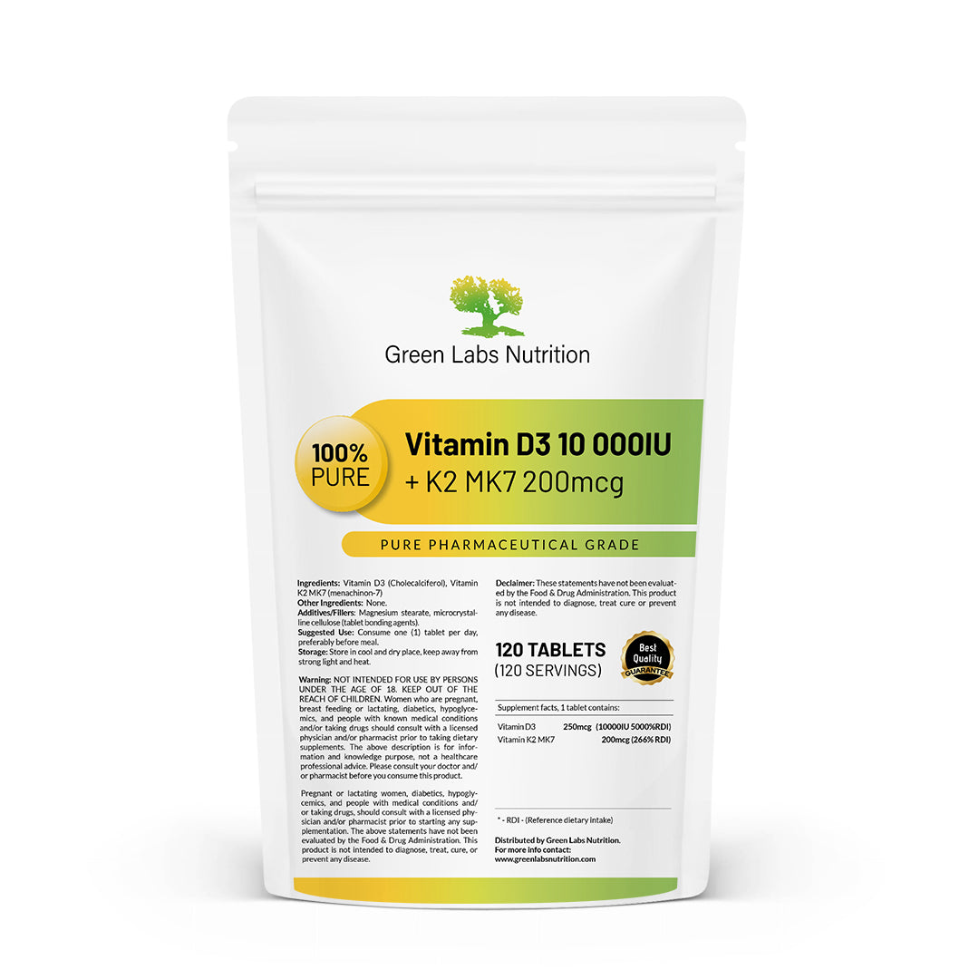 Vitamin D3 10000 IU + K2 MK7 200mcg – Green Labs Nutrition